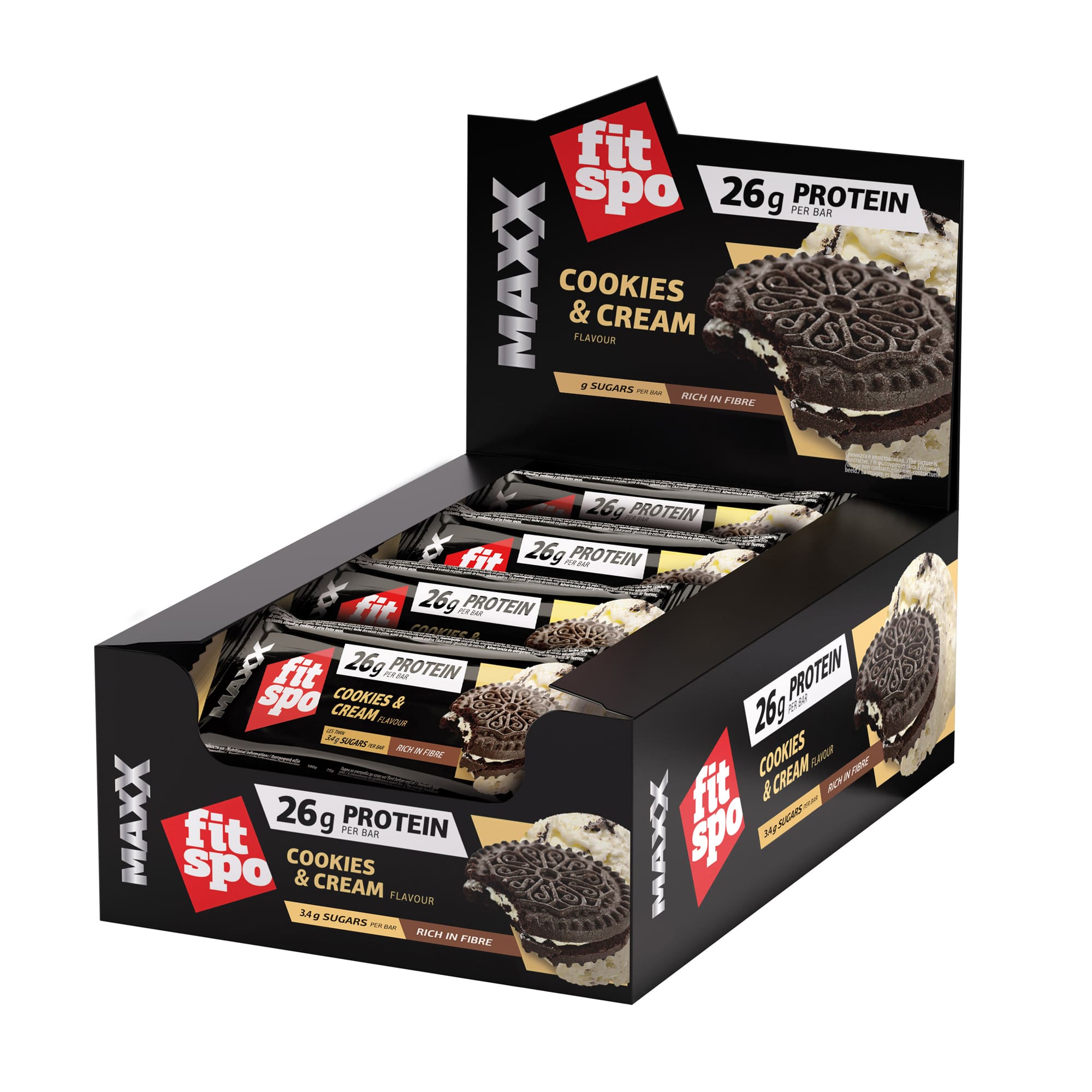 Protein Bar Maxx 26g protein, Cookies and Cream, 12x75g – fitspozone